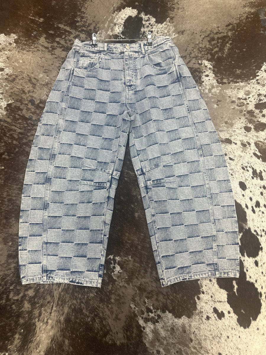 Women’s Mineral Washed Checker Print Barrel Jeans. – Rustic Soul